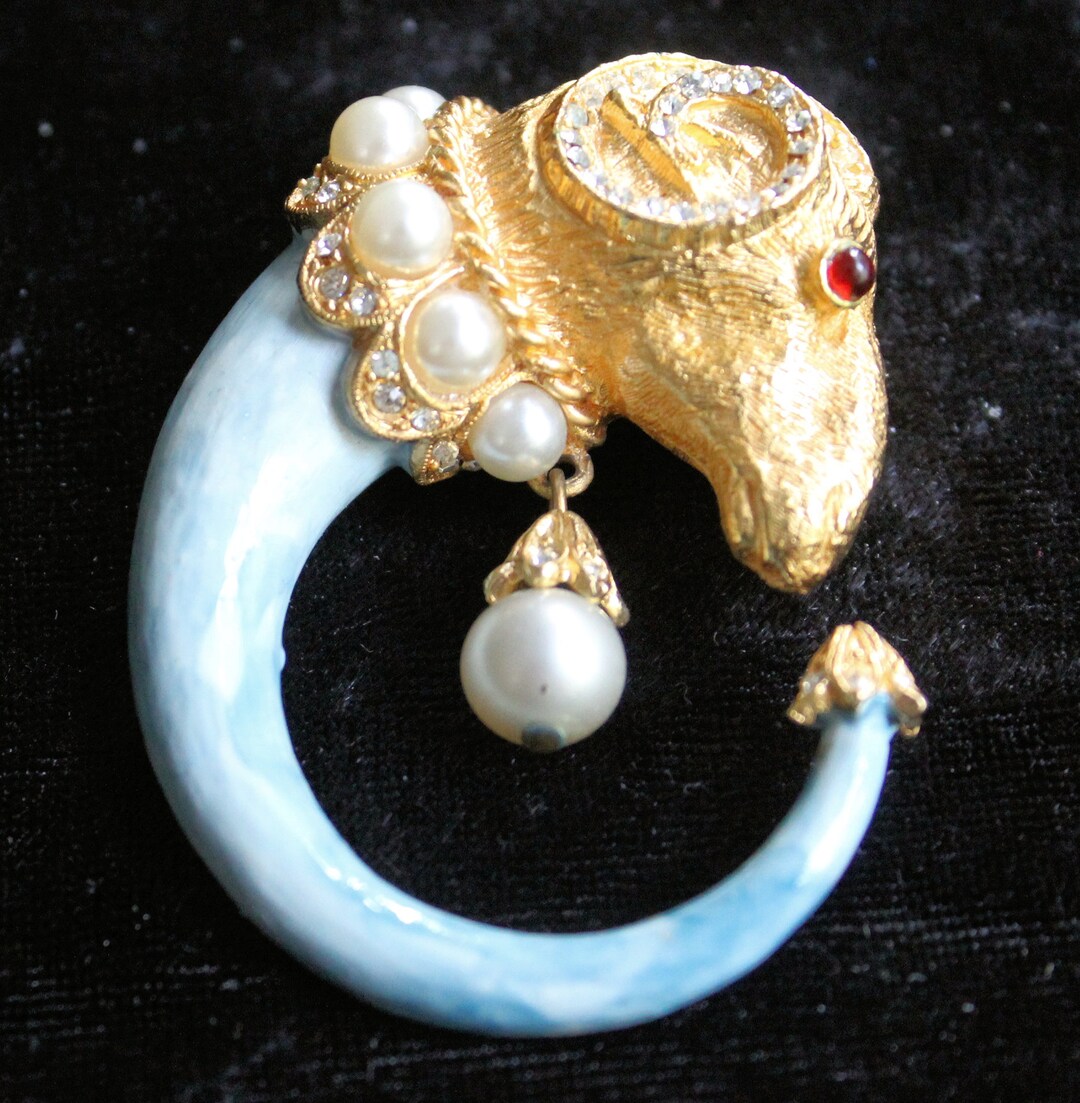 Art Deco Cadoro Signed Jeweled Ram With Pearl Charm Blue Enamel ...