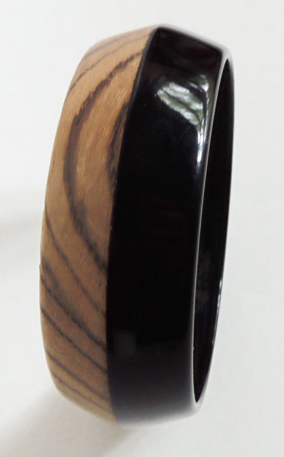 Vintage Bakelite Black With Wood Trim Bangle Bracelet… - Gem
