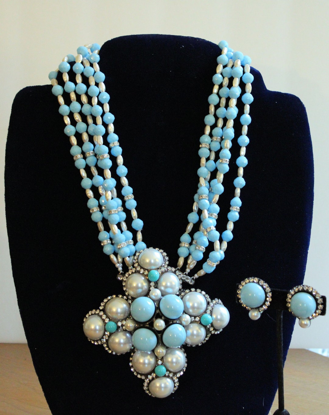 Vintage Larry Vrba Pearl Turquoise Necklace Brooch Earrings Set - Etsy