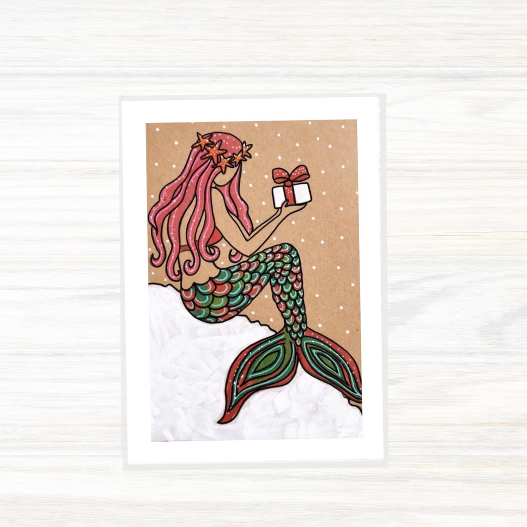 Festive Mermaid Christmas Card Festive Card Mermaid Gift Surfer Gift - Etsy