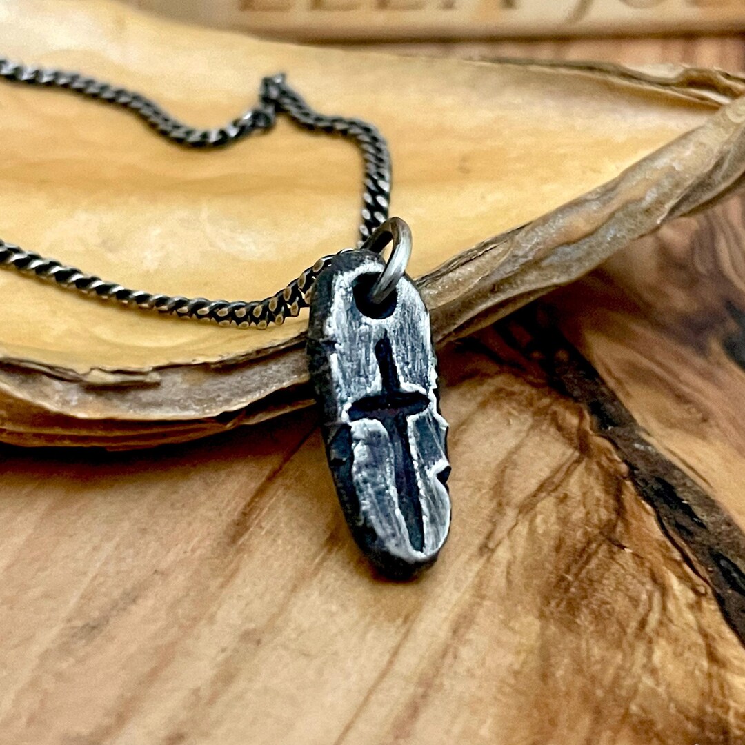 Small Rustic Cross Necklace Mens, Antique Silver Carved Crucifix ...