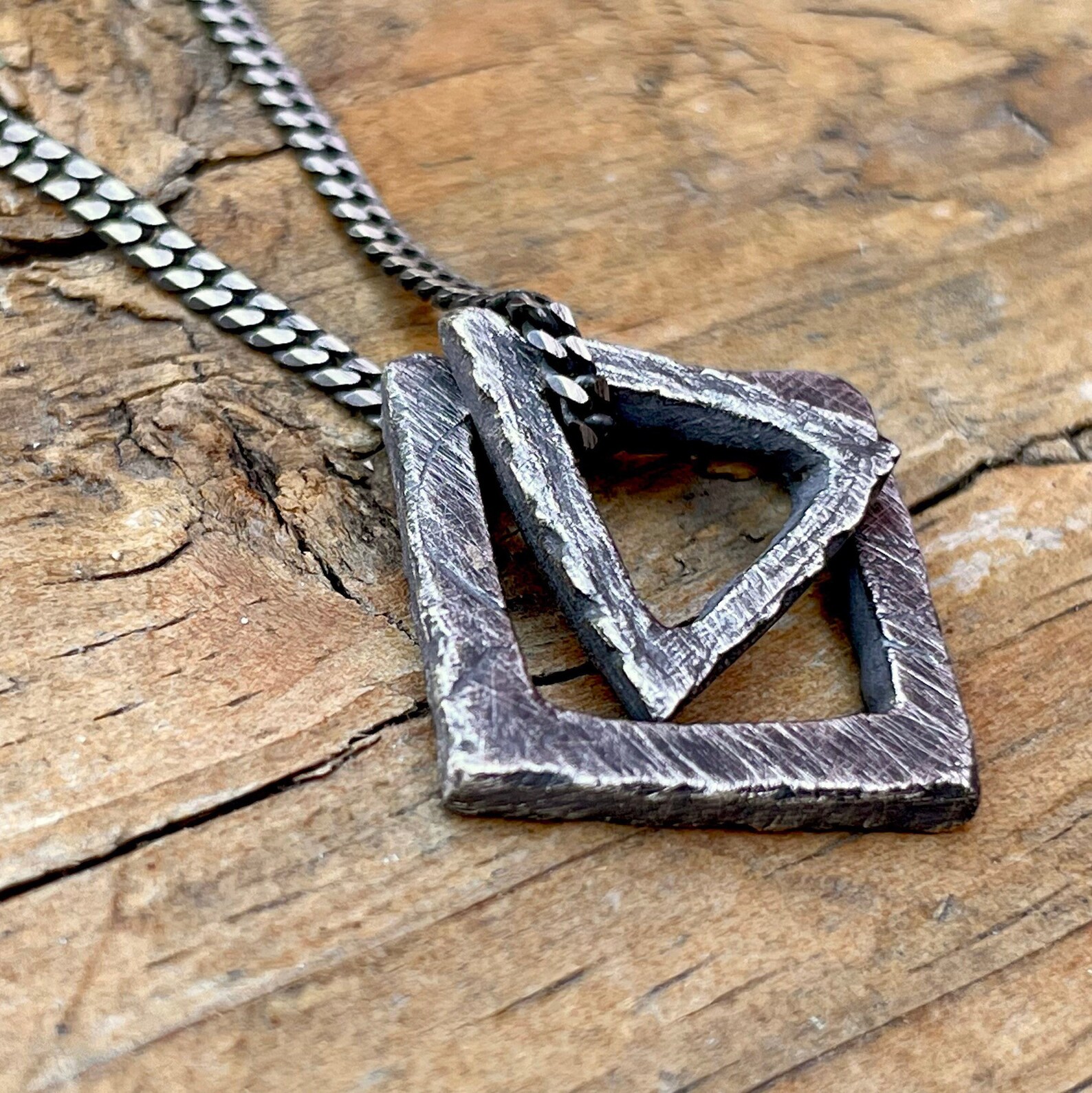 Mens Rustic Triangle Square Necklace Sterling Silver Pendant Necklace ...