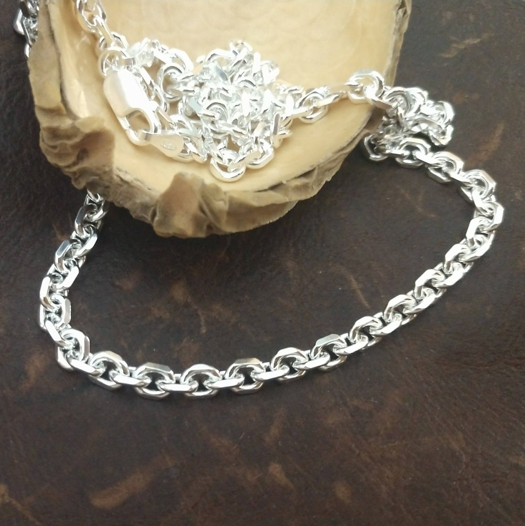 Silver Cable Chain Necklace Solid Sterling Silver Beveled Anchor Chunky ...