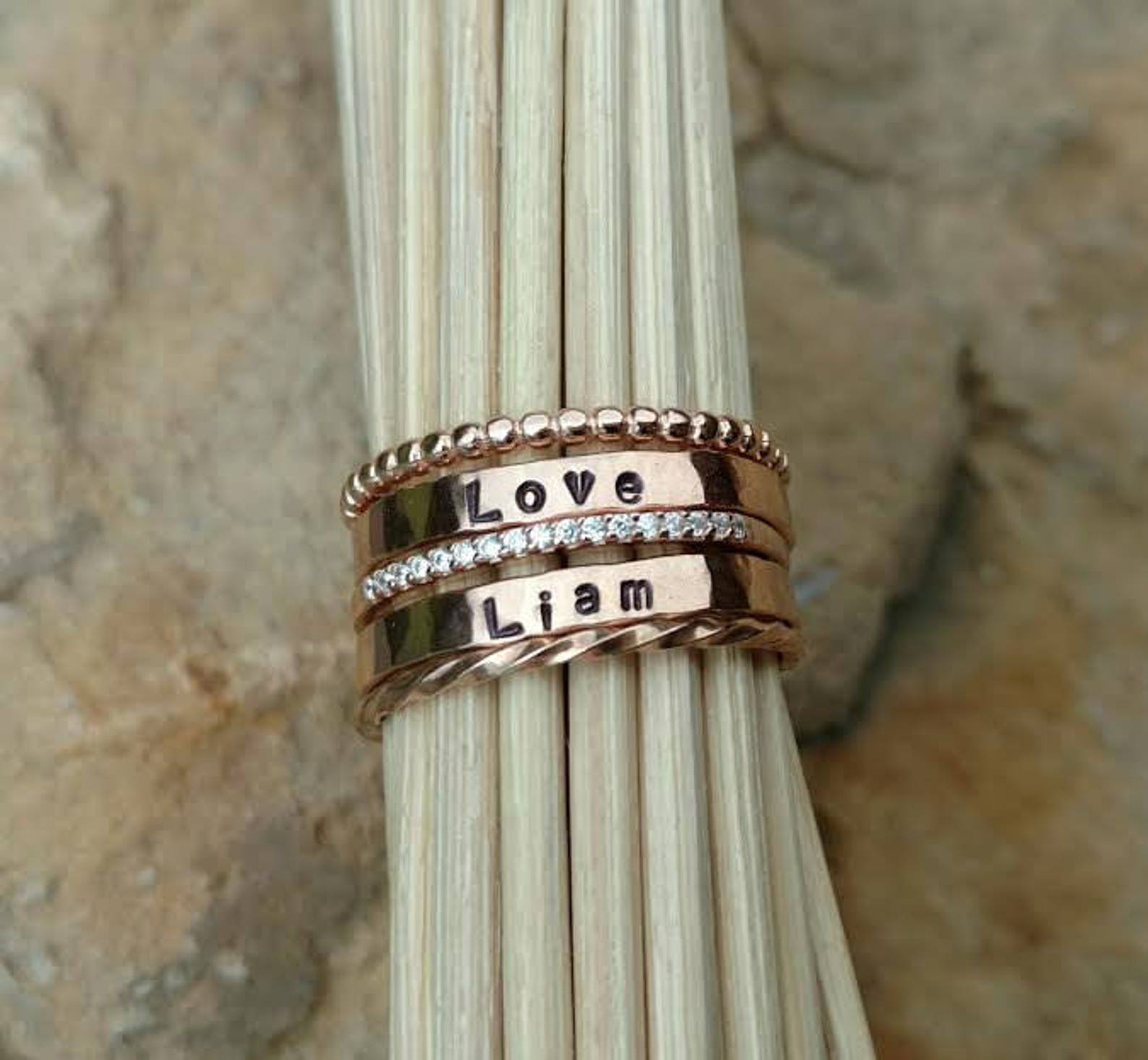 Rose Gold Name Rings Stacking Name Rings Mothers Name Ring Etsy