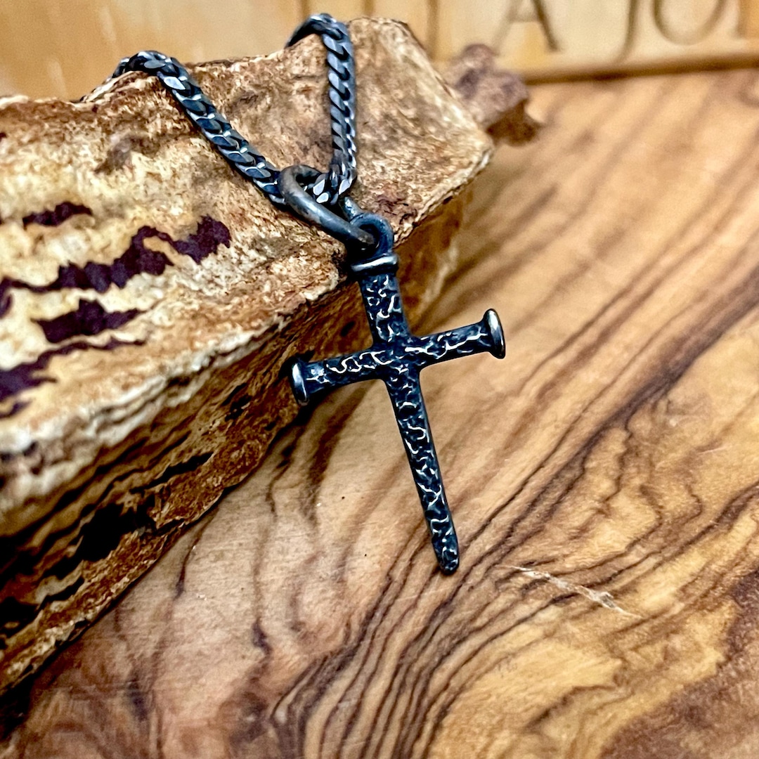 Oxidized Sterling Silver Nail Cross Pendant Necklace: Mens Christian ...