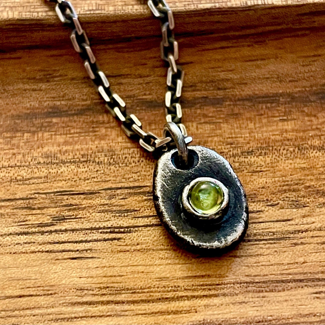 Mens Peridot Necklace Pendant in Rustic Solid Oxidized Sterling Silver ...