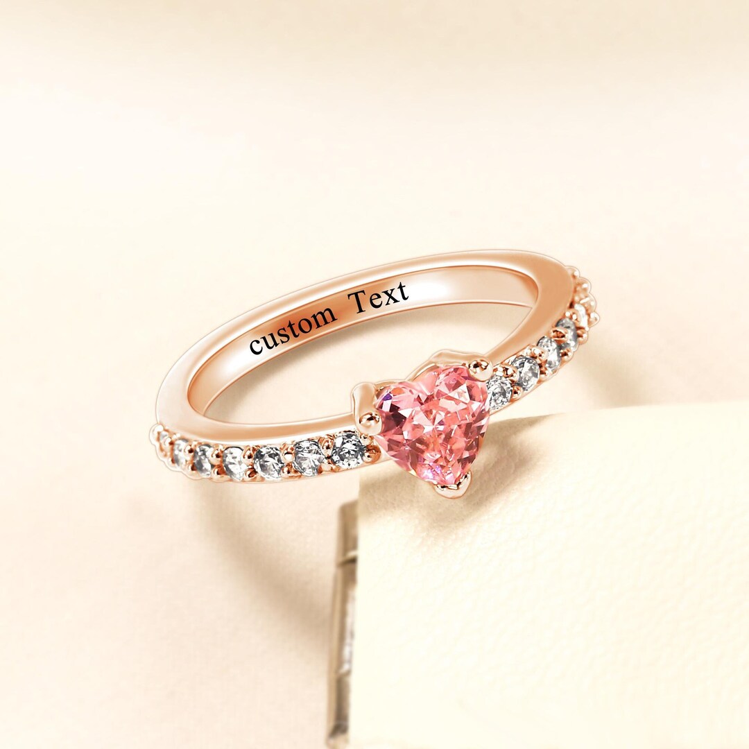 Custom Birthstone Heart Ring,heart Birthstone Ring,pink Heart Gemstone ...