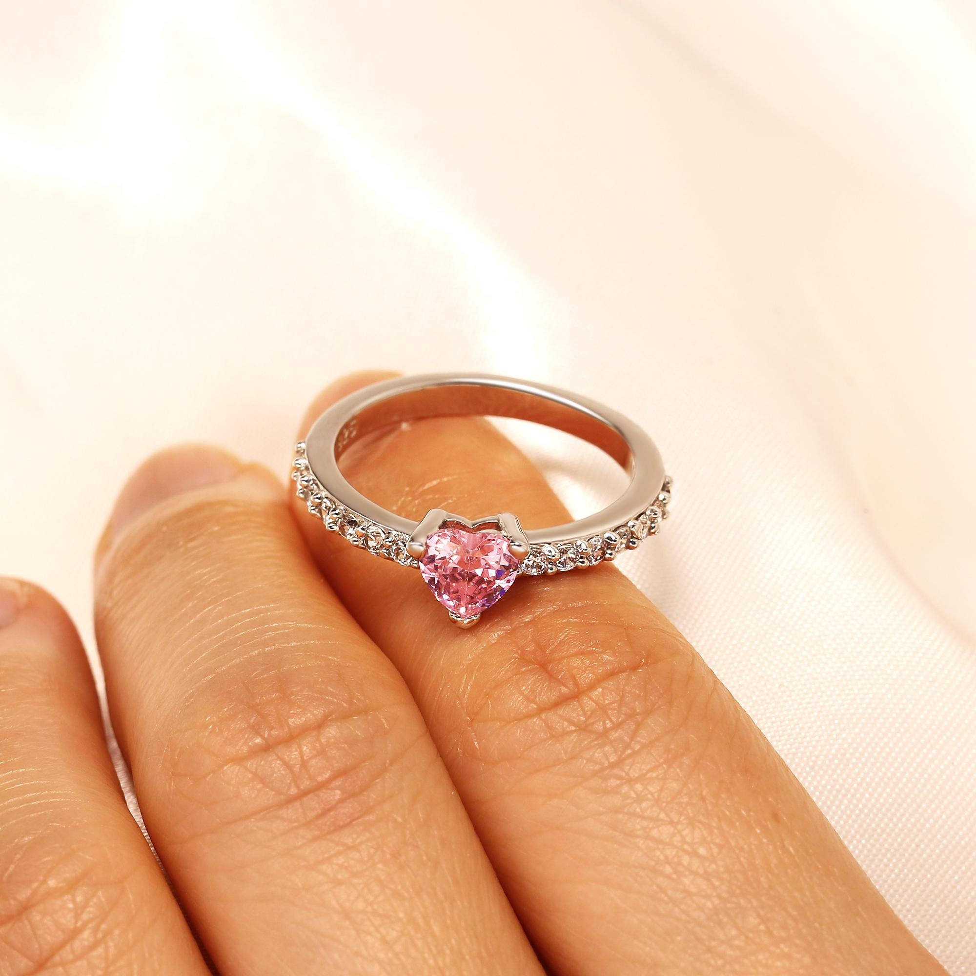 Custom Birthstone Heart Ring,heart Birthstone Ring,pink Heart Gemstone ...