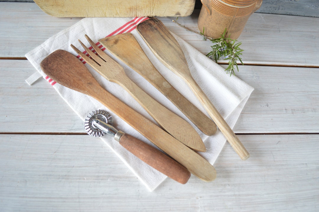 French Vintage Set of 5 Wood Kitchen Utensils - Primitive Wooden ...