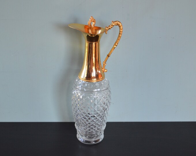 Vintage French Claret Jug - Glass and Gold Metal Pitcher With Handle ...