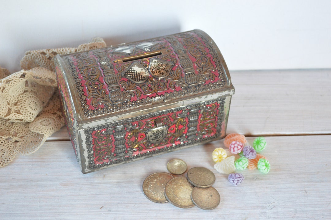 Vintage Tin Money Box - French Biscuit Tin Tole - Collectible Metal Box ...