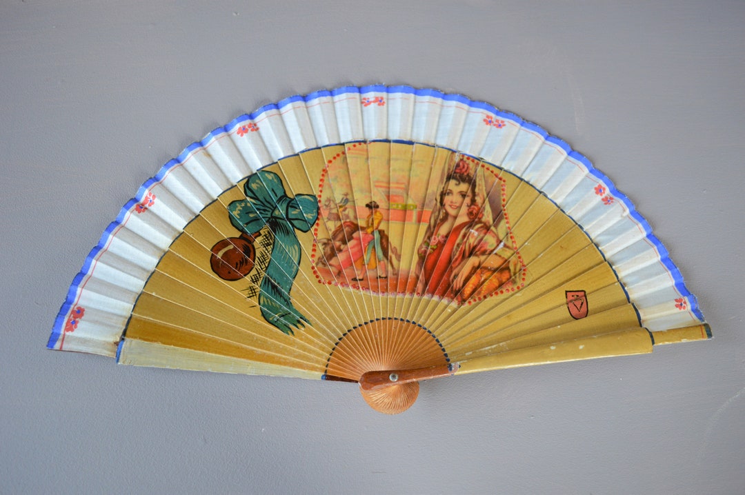 Vintage Fan - Spanish Hand Painted Wooden and Fabric Hand Fan - 1950's ...