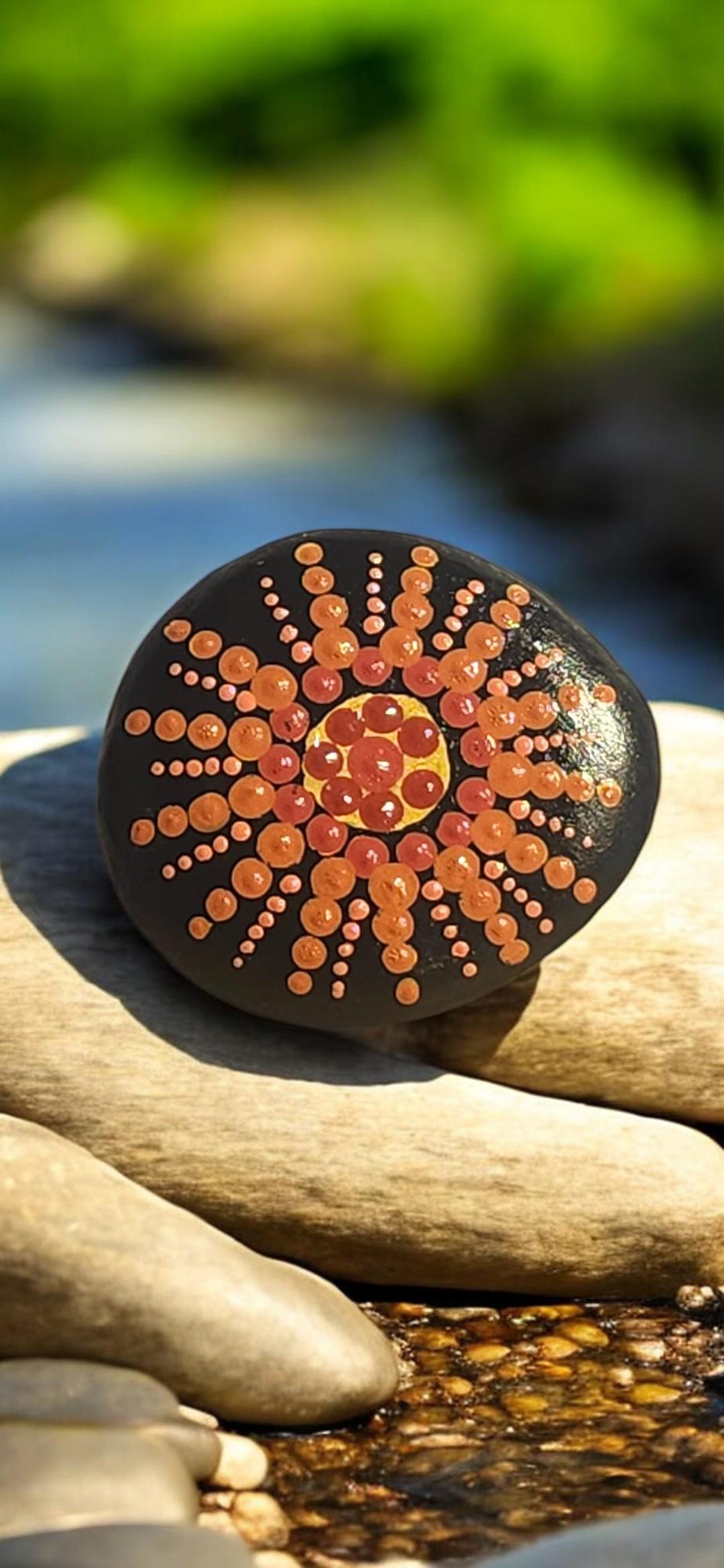 Hand-painted Mandala Rock: Radiant Sunburst Design, Inspirational Stone ...