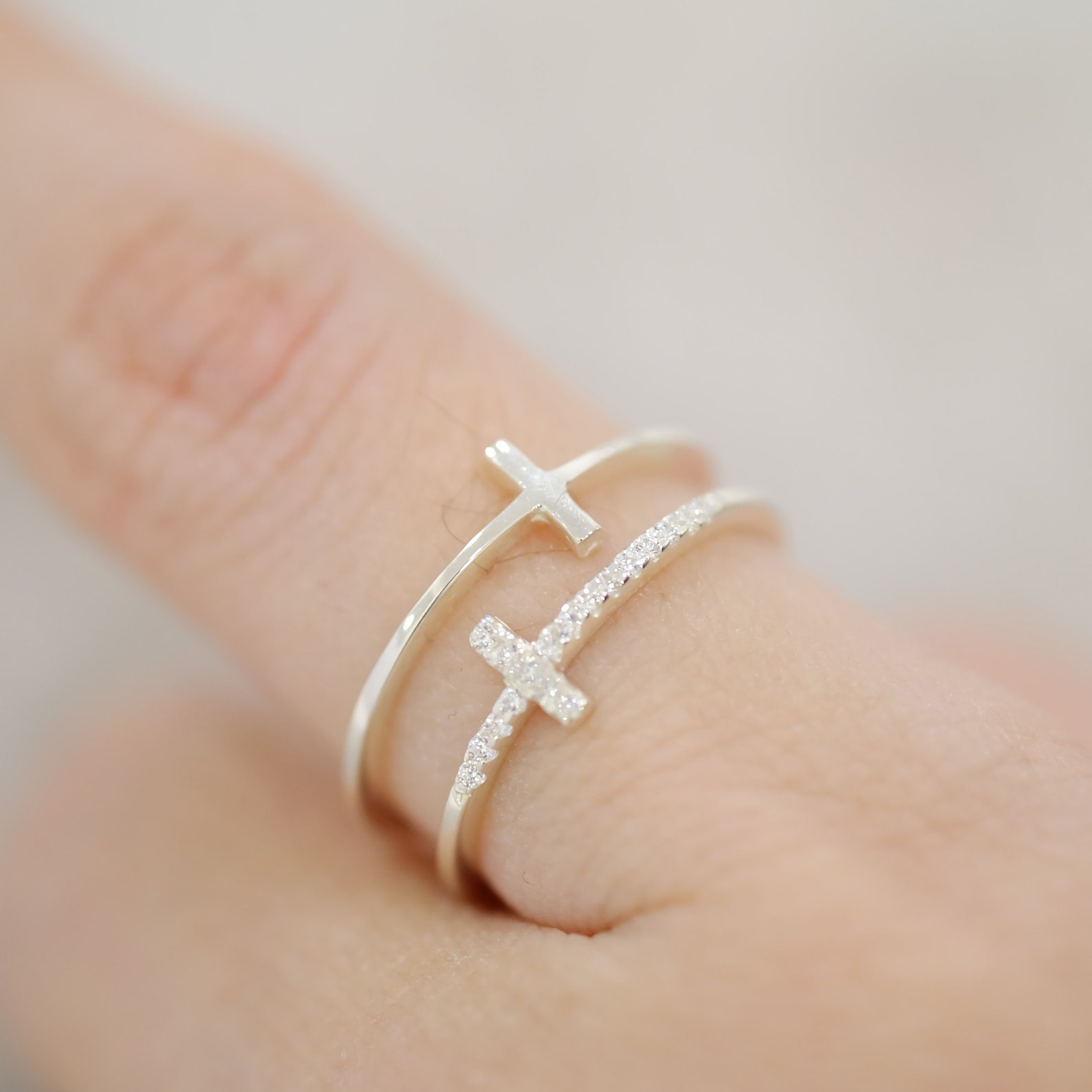Sterling Silver Plain Cross Ring With Clear CZ Stonessideways - Etsy