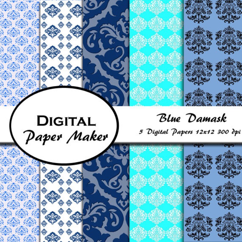 Damask Digital Paper. Blue Damask Digital Designs Good for Scrap ...