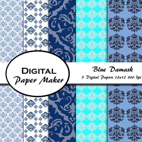 Damask Digital Paper. Blue Damask Digital Designs Good for Scrap ...