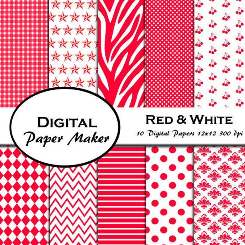 Red and White Digital Paper. Vibrant Digital Designs for Scrapbooking ...