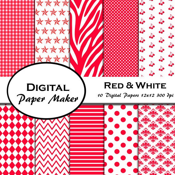 Red and White Digital Paper. Vibrant Digital Designs for Scrapbooking ...