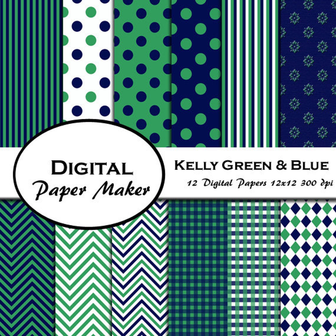 Kelly Green and Navy Digital Paper Designs That Can Be Used for ...