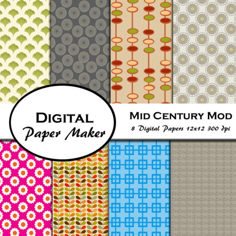 Mid-century Modern Digital Paper Designs for Scrapbooking, Backgrounds ...