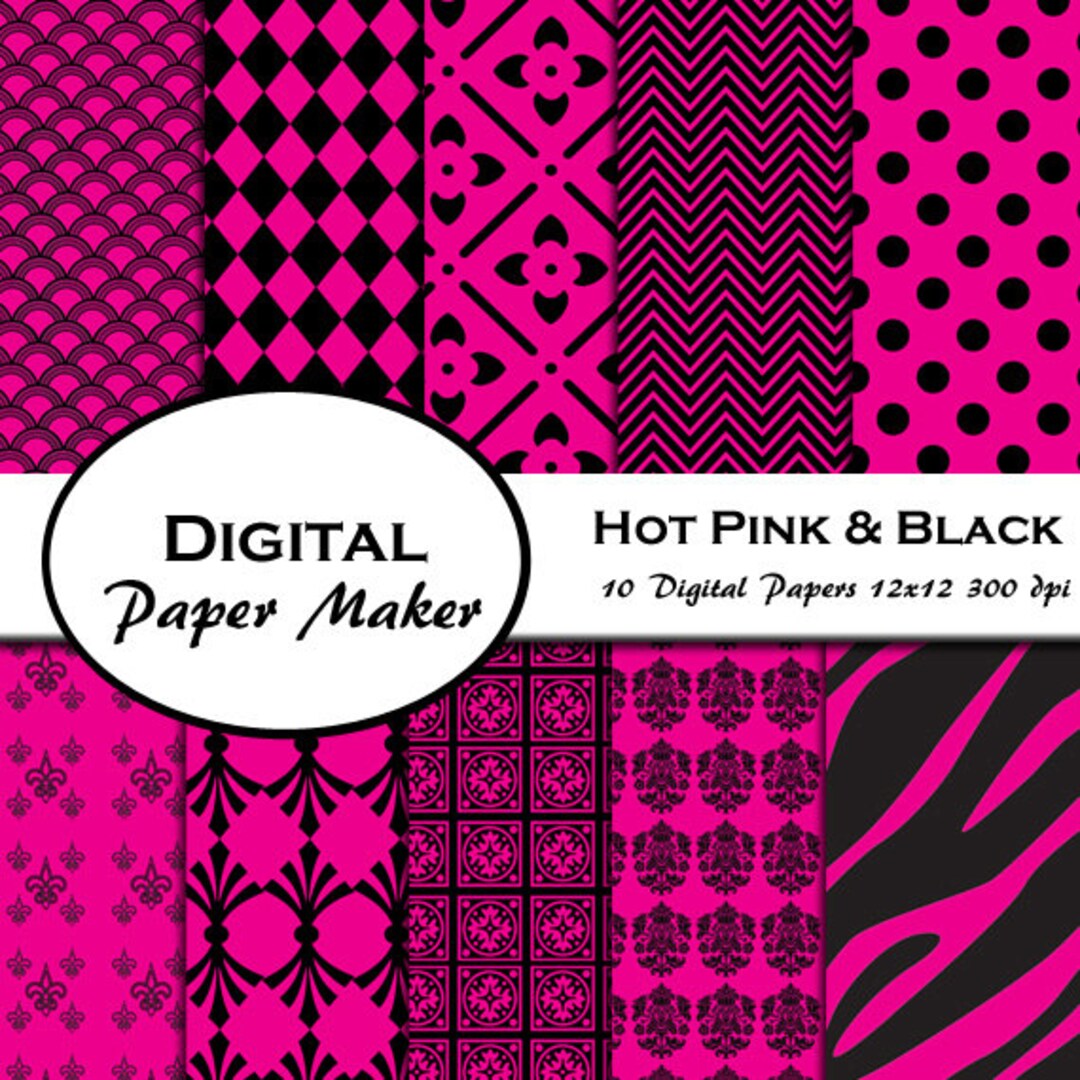 Hot Pink and Black Digital Paper. Vibrant Digital Designs for ...