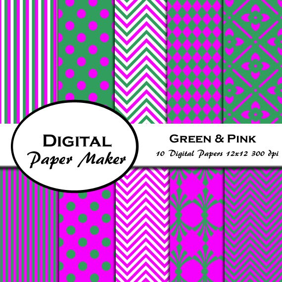 Pink and Green Digital Paper. Vibrant Digital Designs for Scrapbooking ...