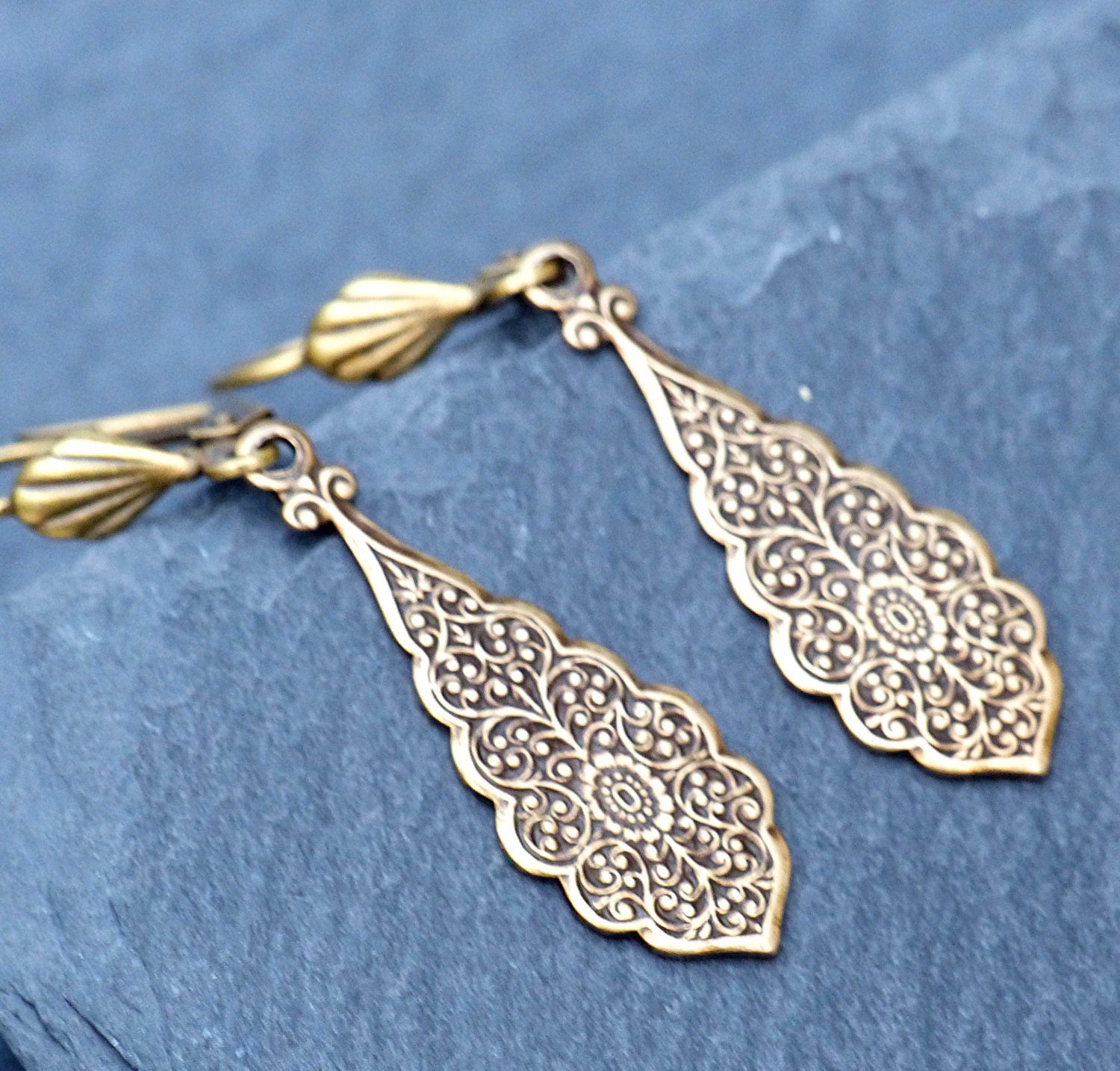 Vintage Brass Earrings Art Deco | Etsy