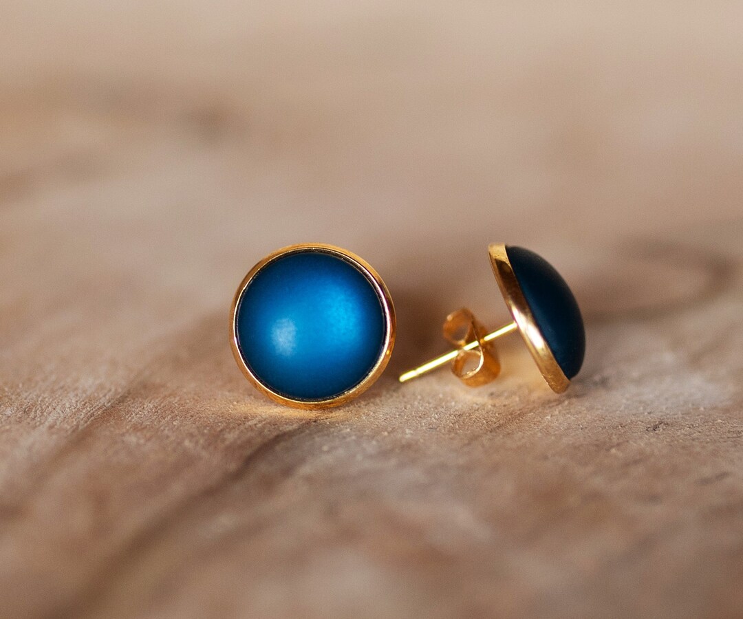 Golden Stud Earrings With Dark Blue Matte Gemstone Simple - Etsy