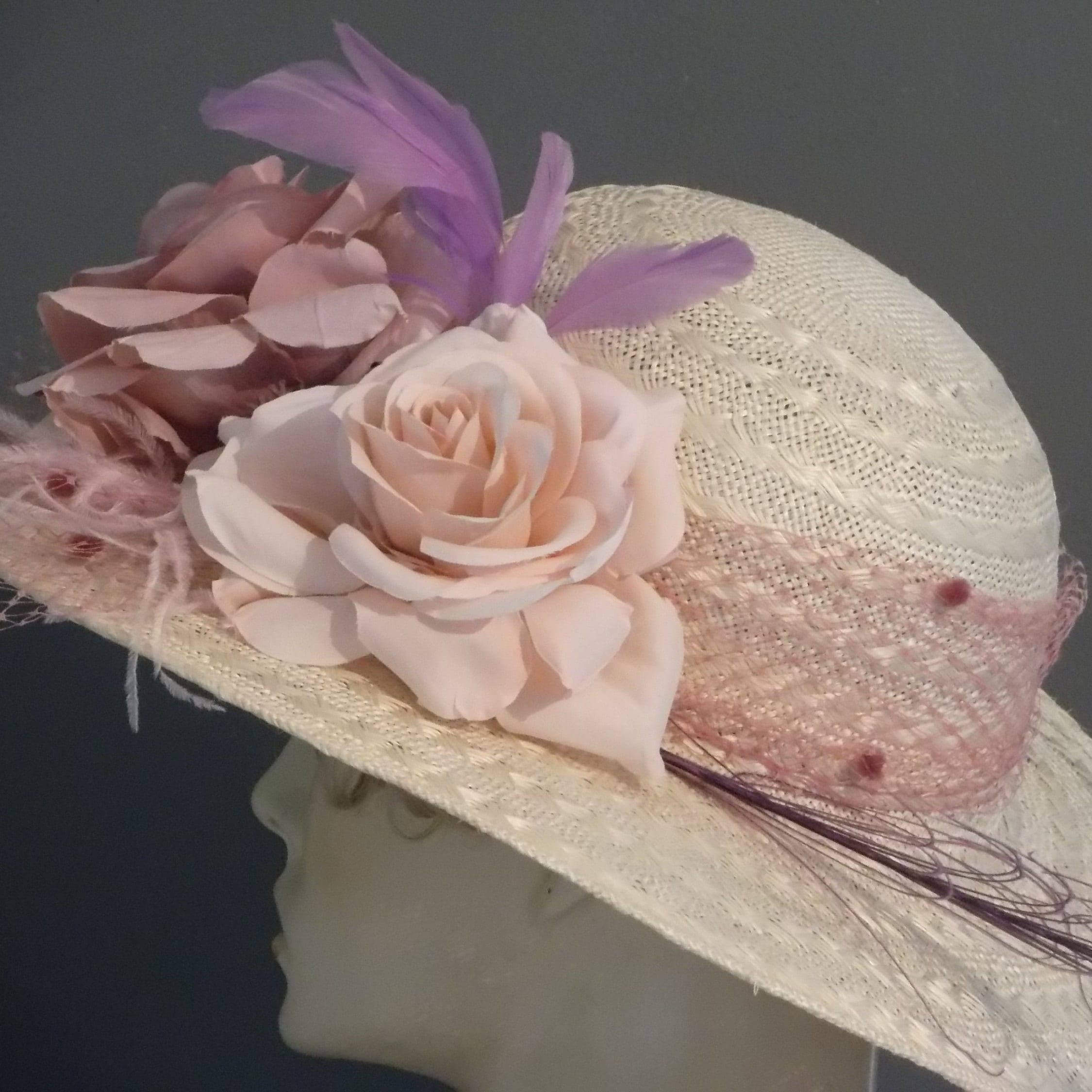 Straw and Pinks Formal Hat, Mauve Pink Veiling Hat, Women's Formal Hat ...