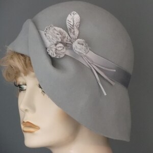 Gray Felt Slanted Brim Cloche, Gray Felt Hat With Velvet Buds, Vintage ...