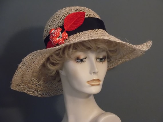 Women's Open Weave Straw Hat Straw With Red and Black | Etsy