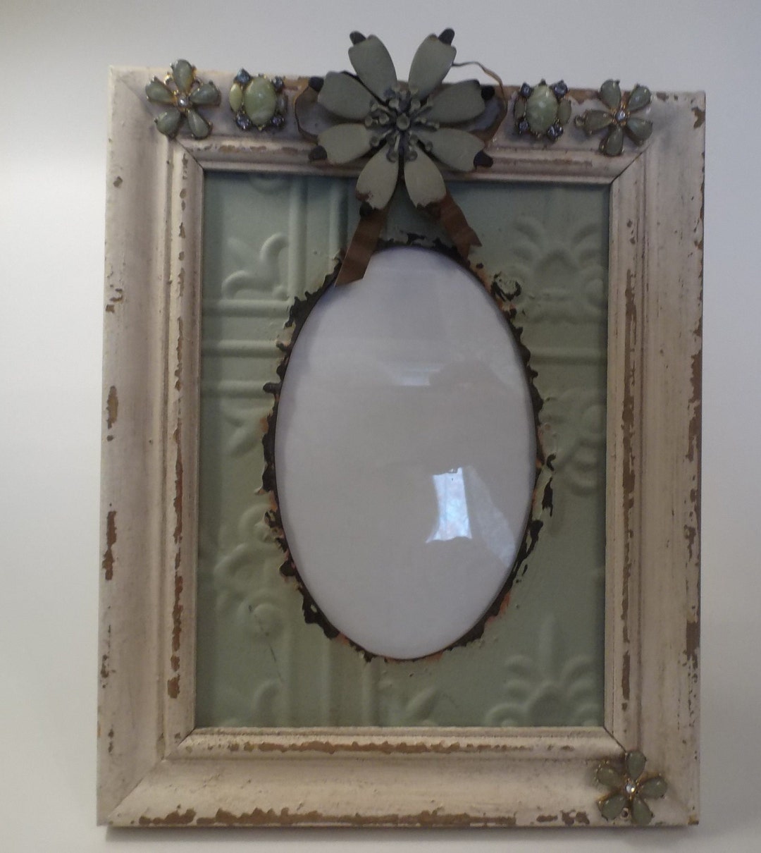 Bejeweled Shabby Chic Wood & Tin Frame, White, Sea Foam Green, 8"x10 ...
