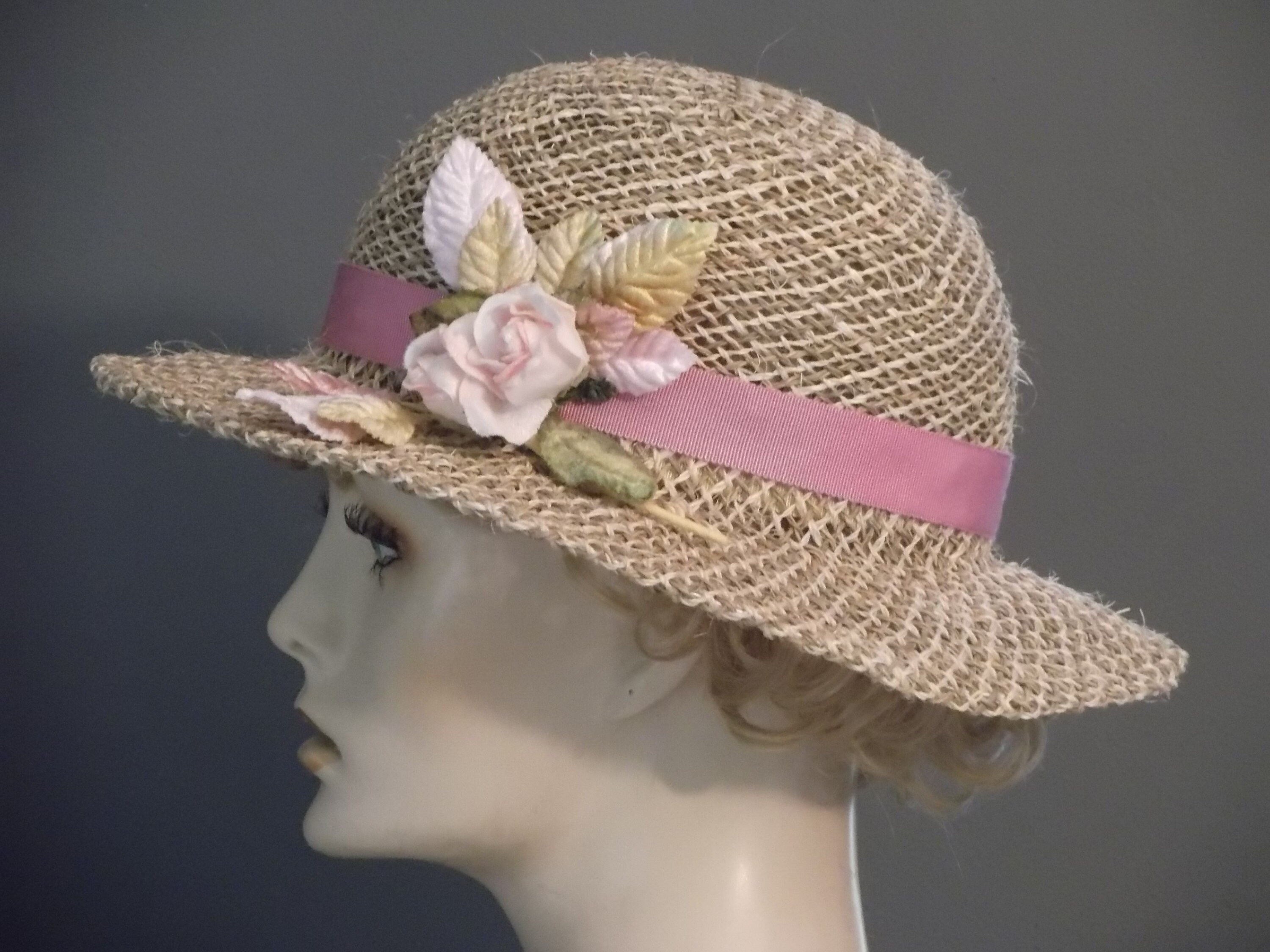 Women's Straw Cloche, Vintage Style 1930's, Straw and Pink Cloche, Tiny ...