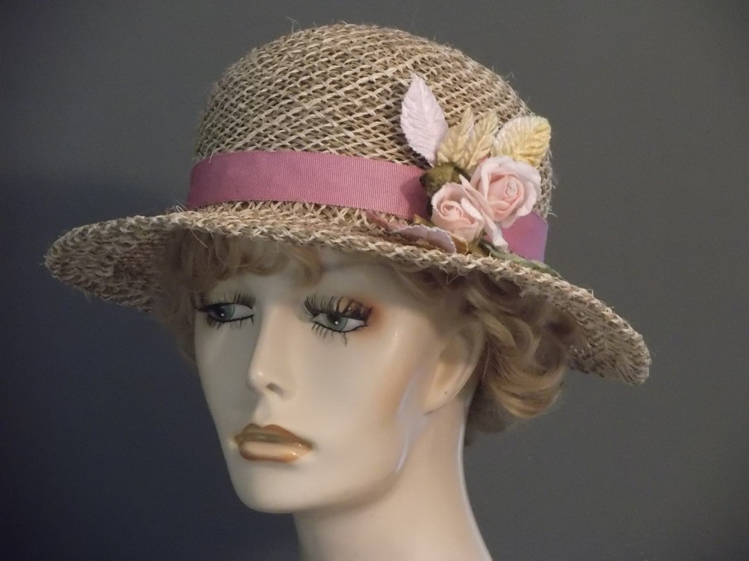 Women's Straw Cloche, Vintage Style 1930's, Straw and Pink Cloche, Tiny ...