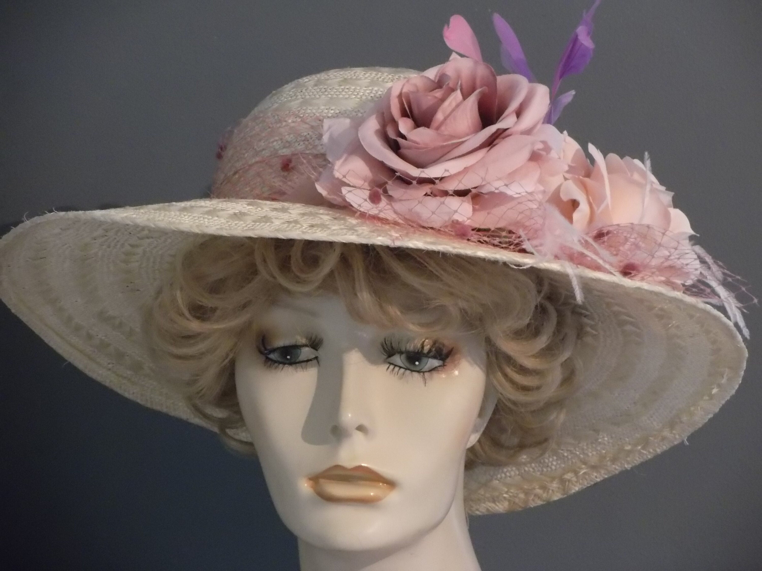 Straw and Pinks Formal Hat, Mauve Pink Veiling Hat, Women's Formal Hat ...