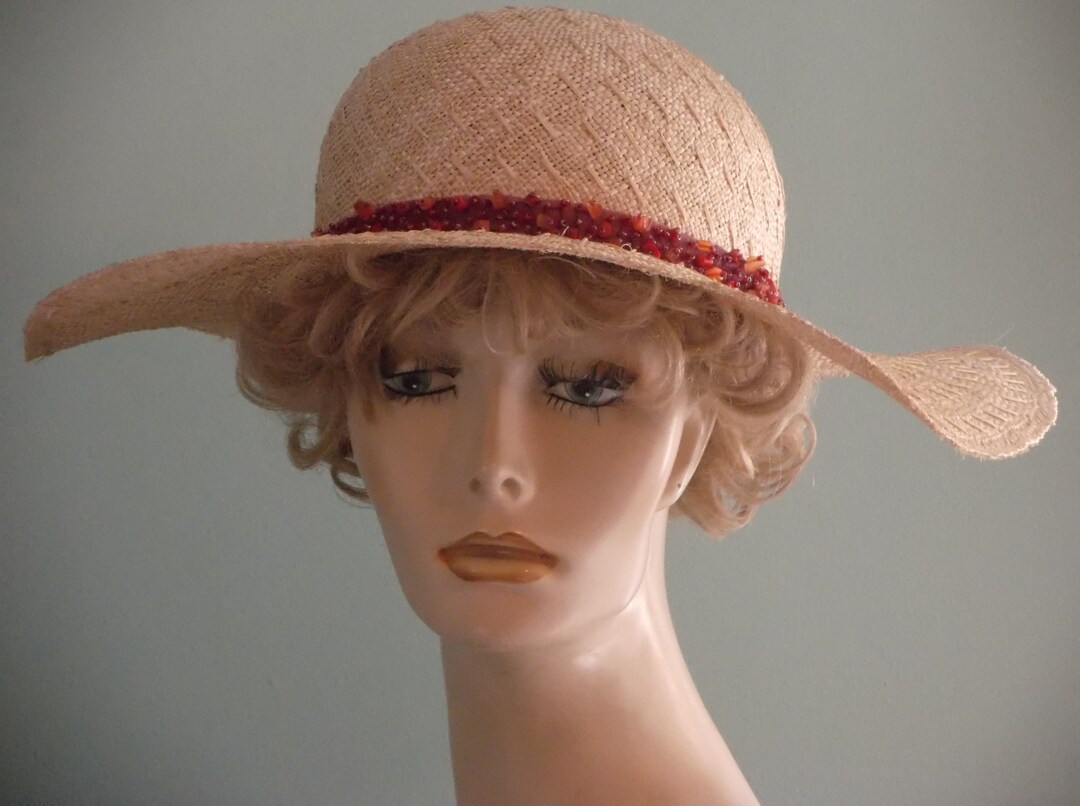 Womens Wide Brim Straw Sun Hat, Apricot, Mauve, Red Stones on Band ...