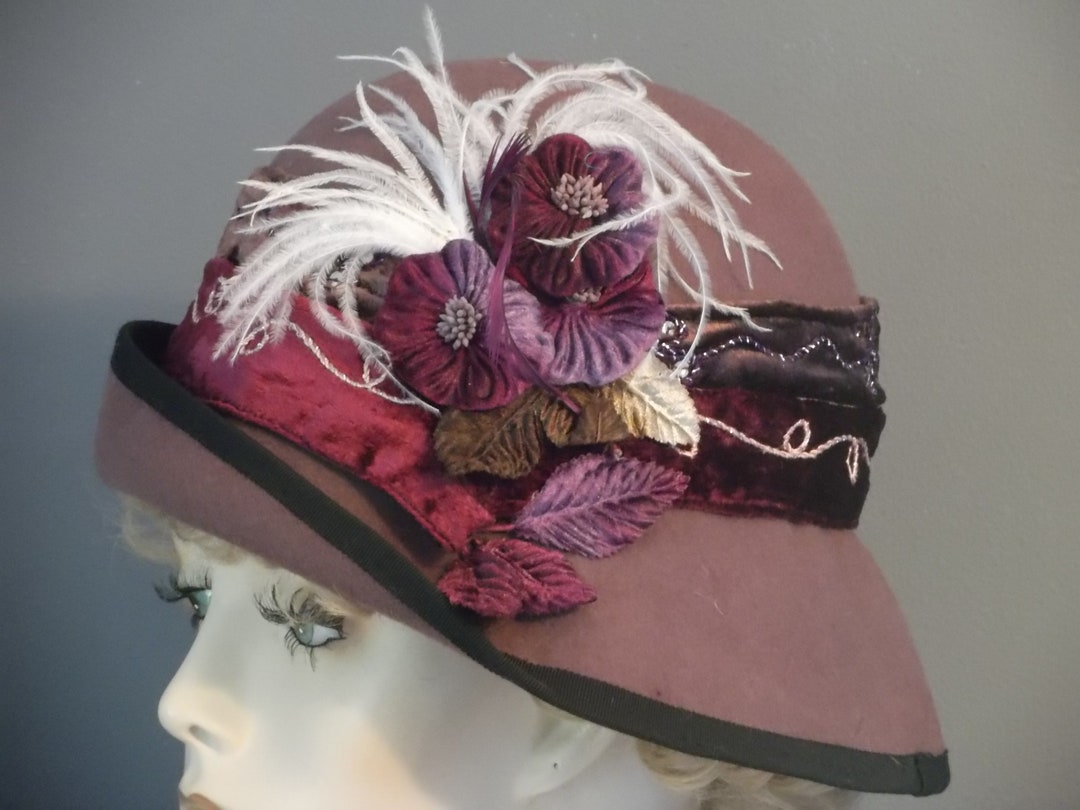 Mauve Felt Velvet & Feather Hat, Purple Felt Garden Floral Hat ...
