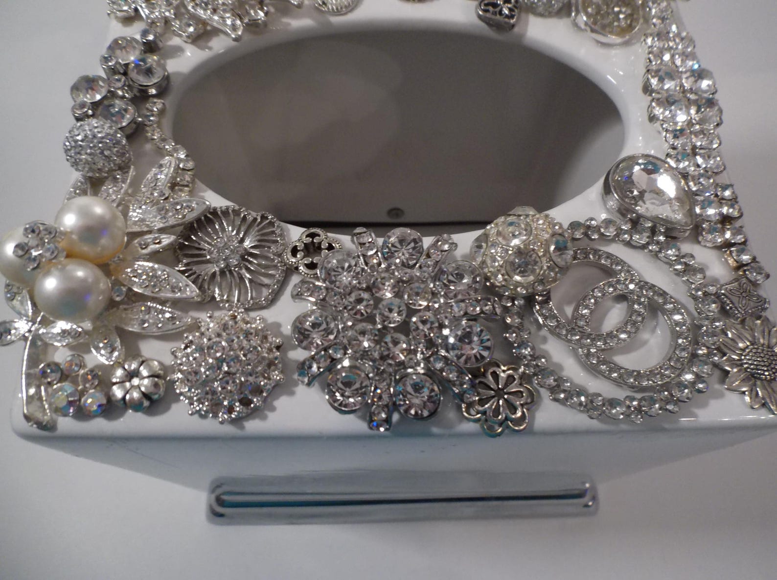 Bejeweled White Cube Tissue Box Cover, Dazzling Rhinestone and Pearl ...