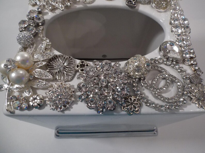 Bejeweled White Cube Tissue Box Cover, Dazzling Rhinestone and Pearl ...
