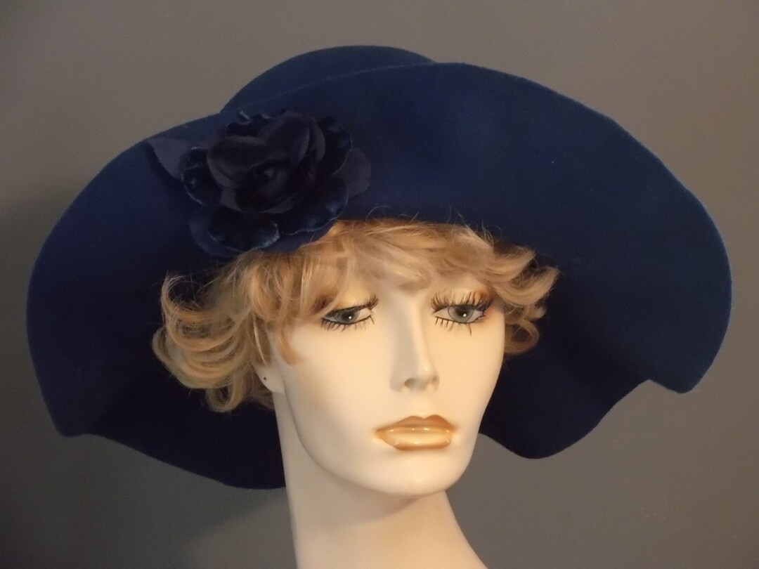 Dark Royal Blue Felt Hat, Wide Brim Blue Felt Hat, Picture Hat, Vintage ...