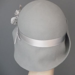 Gray Felt Slanted Brim Cloche, Gray Felt Hat With Velvet Buds, Vintage ...