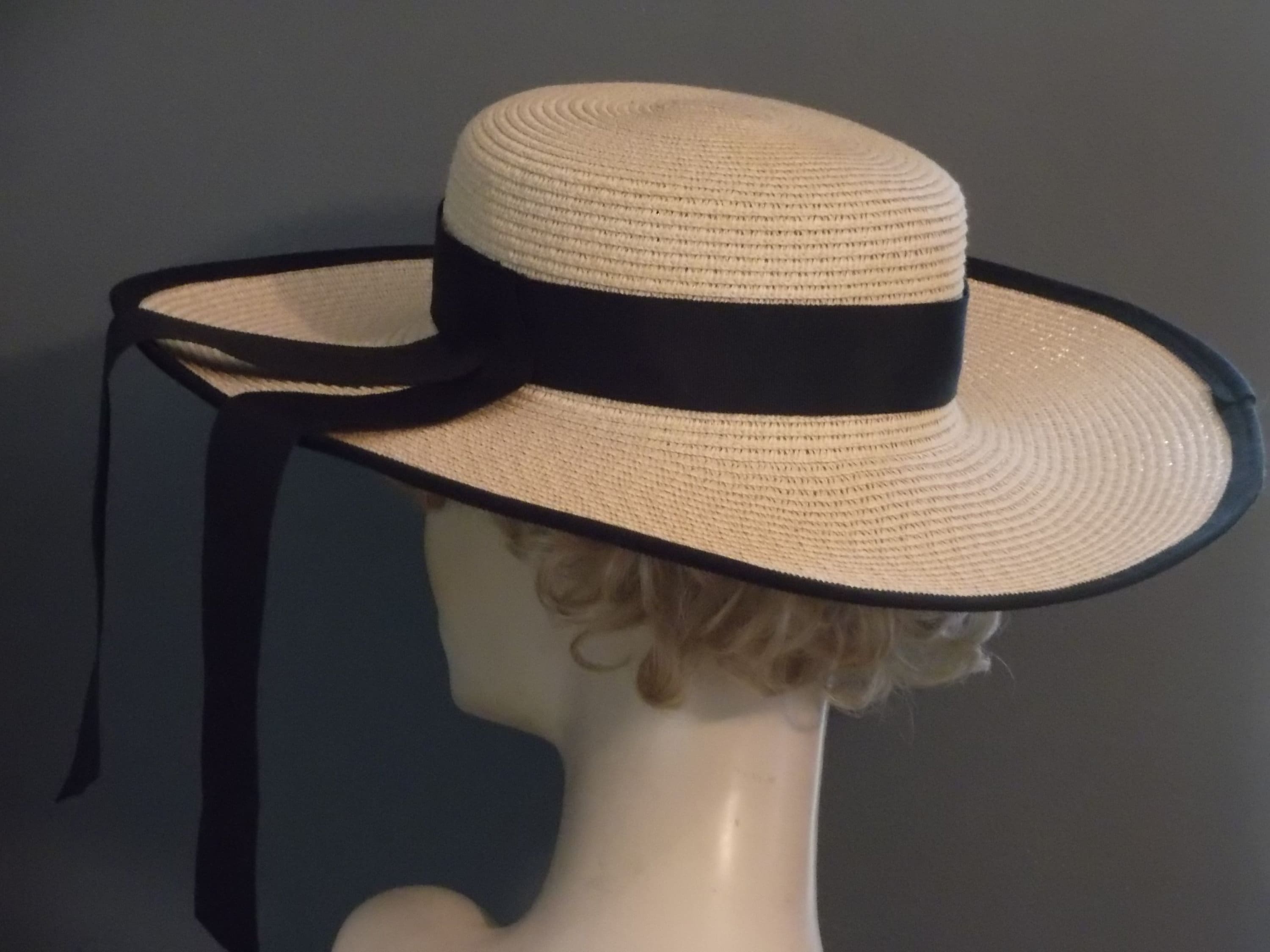 Straw Boater Hat: Wide Brim, Black Grosgrain Ribbon Trim - Etsy