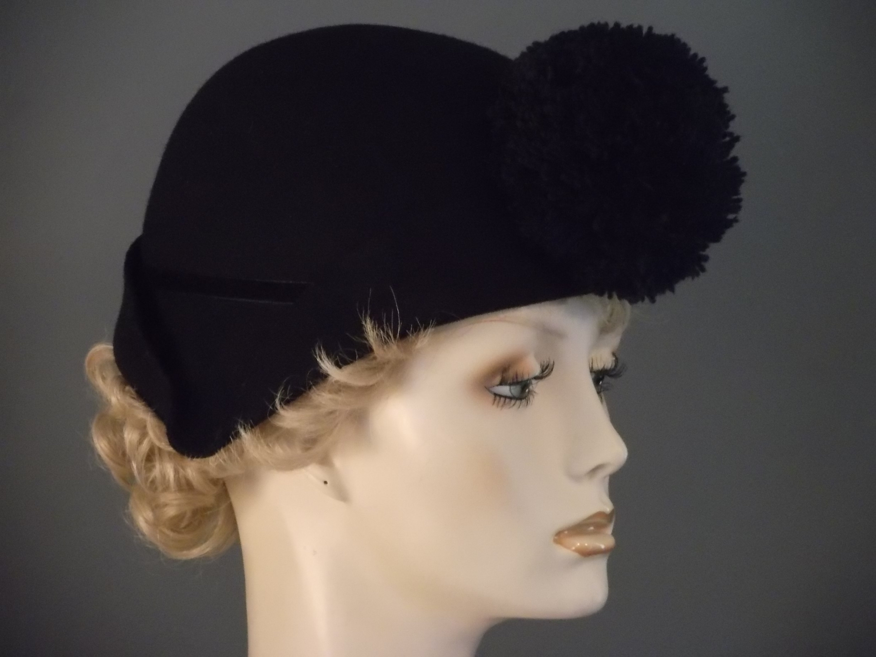 Black Felt Deco Hat With Pom Pom, Vintage 1920's 1930's Style, Black ...