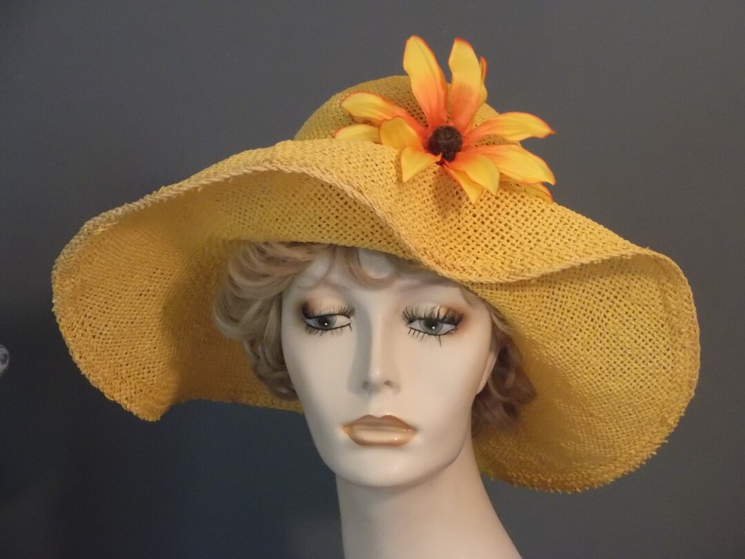 Floppy Brim Yellow Straw Hat, Bright Yellow Wide Brim Straw Hat, Beach ...