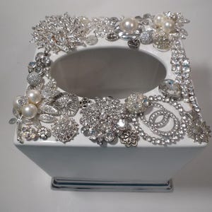 Bejeweled White Cube Tissue Box Cover, Dazzling Rhinestone and Pearl ...