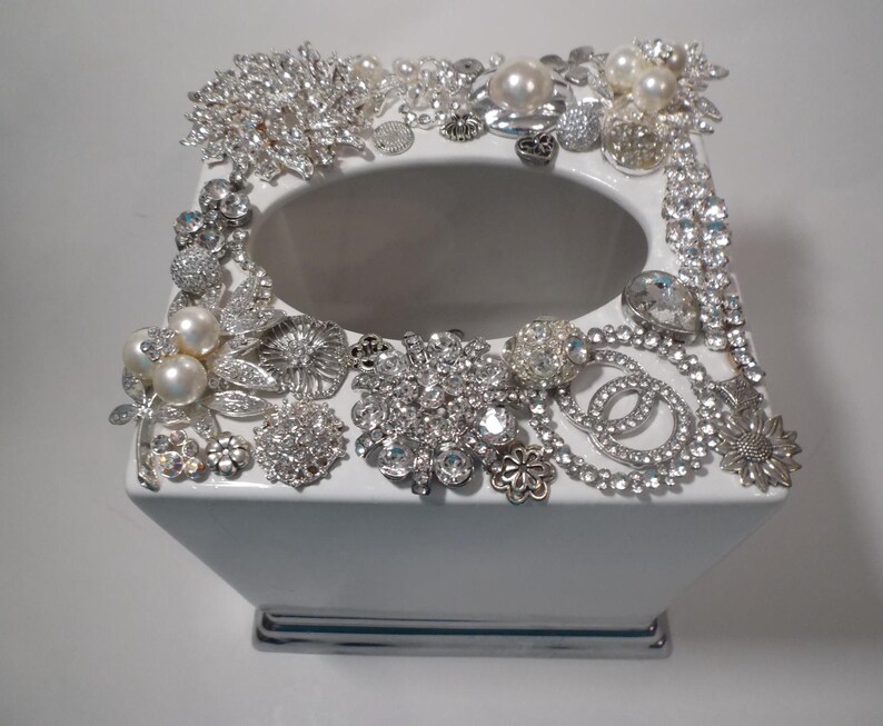 Bejeweled White Cube Tissue Box Cover, Dazzling Rhinestone and Pearl ...