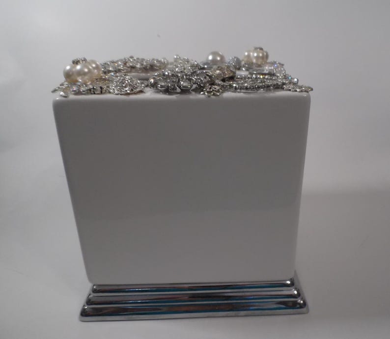 Bejeweled White Cube Tissue Box Cover, Dazzling Rhinestone and Pearl ...