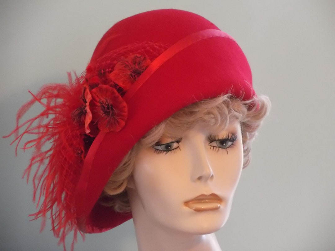 Handmade Red Felt Vintage Style Hat, Red Cloche Hat With Feathers ...
