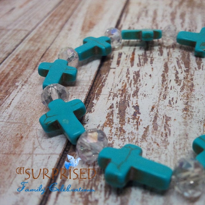Pulsera De Cruces Turquesas Cristales Artesanales Y Pulsera Etsy