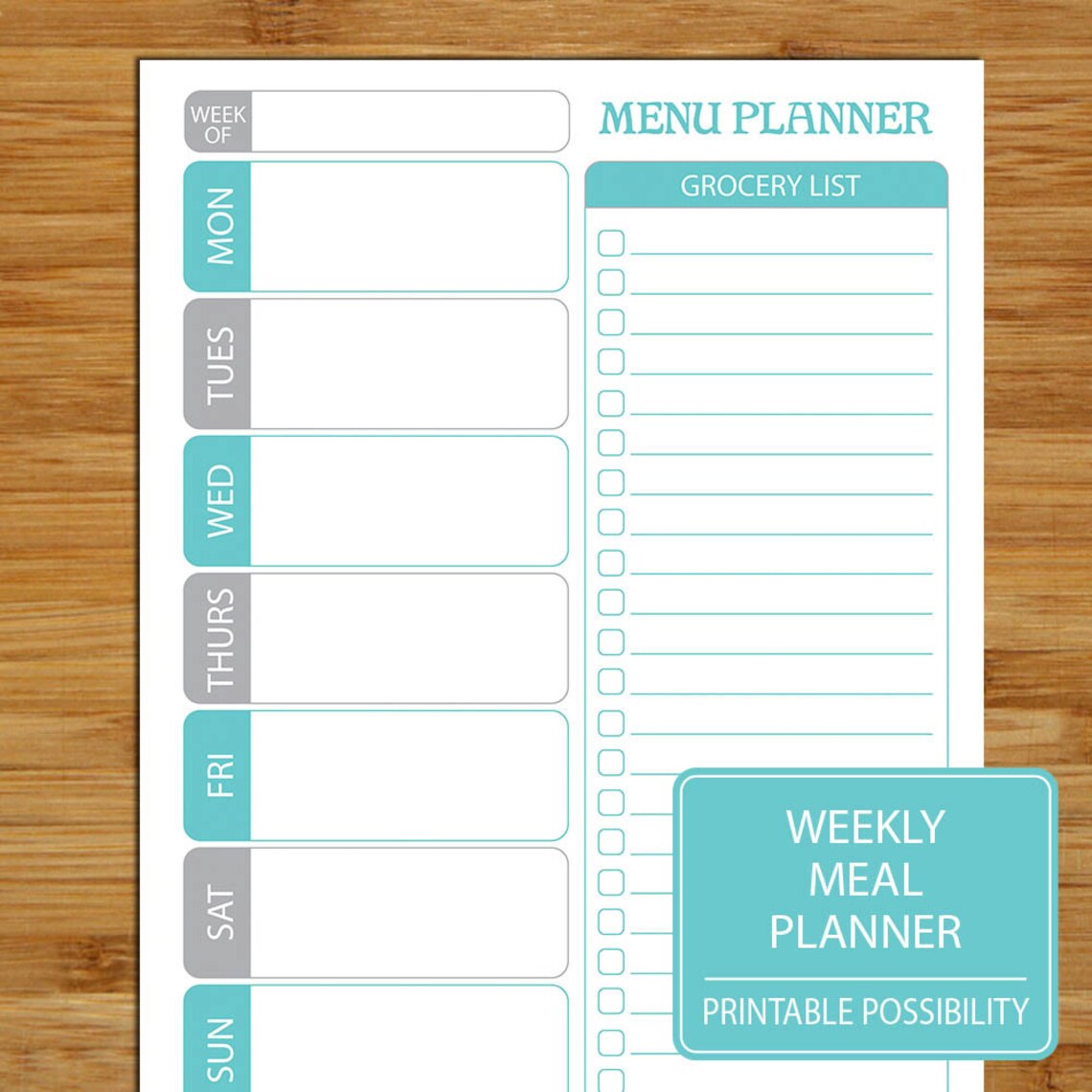 Printable Weekly Meal Planner and Grocery List Blue Weekly Meal and ...